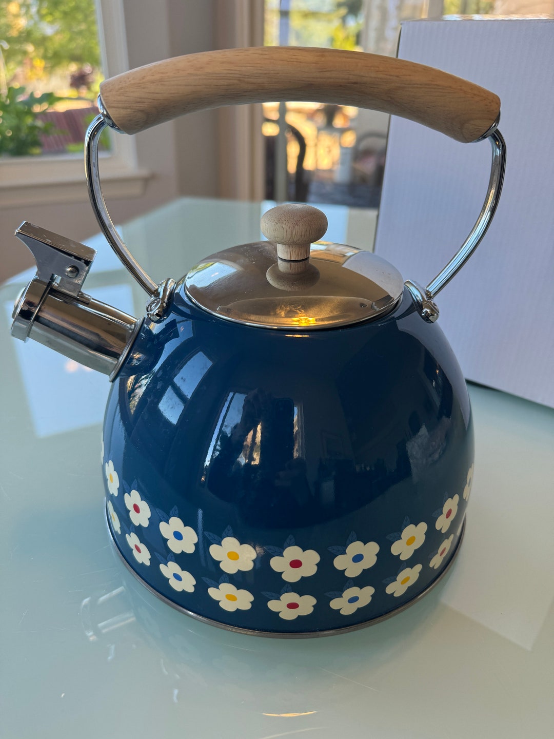 Tea Pot Whistling Kettle Stainless Steel Midnight Navy Blue Floral Tea ...