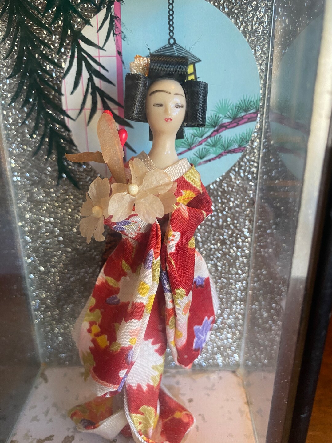 Vintage Geisha Doll Floral Kimono Bonsai Tree Glass Display Case Japan ...