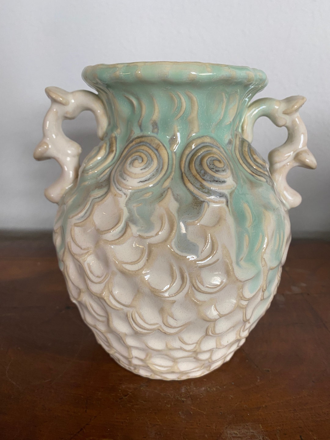 Majolica ART DECO Pottery Vase Drip Glaze 6” Scalloped, Textured Luster ...