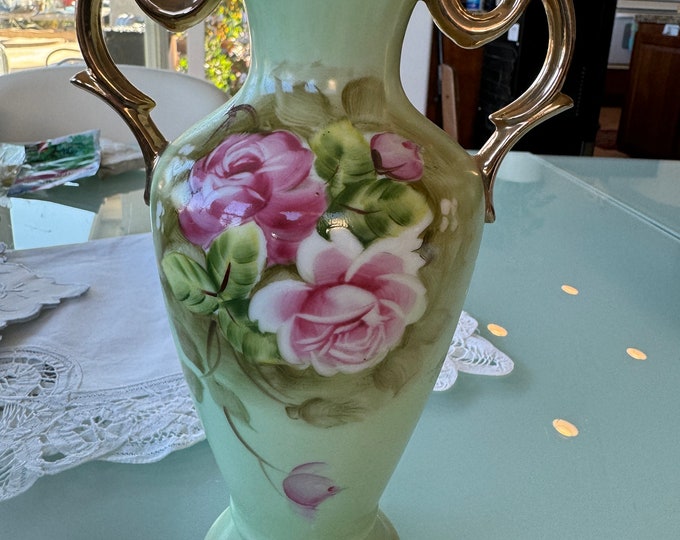 RETRO Lefton Green Heritage Rose Vase. #4072. Hand Painted. Made in ...