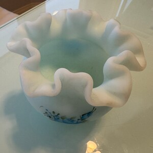 Fenton Satin Custard Glass Hand Painted Blue Rose Ruffled Bowl Vase ...