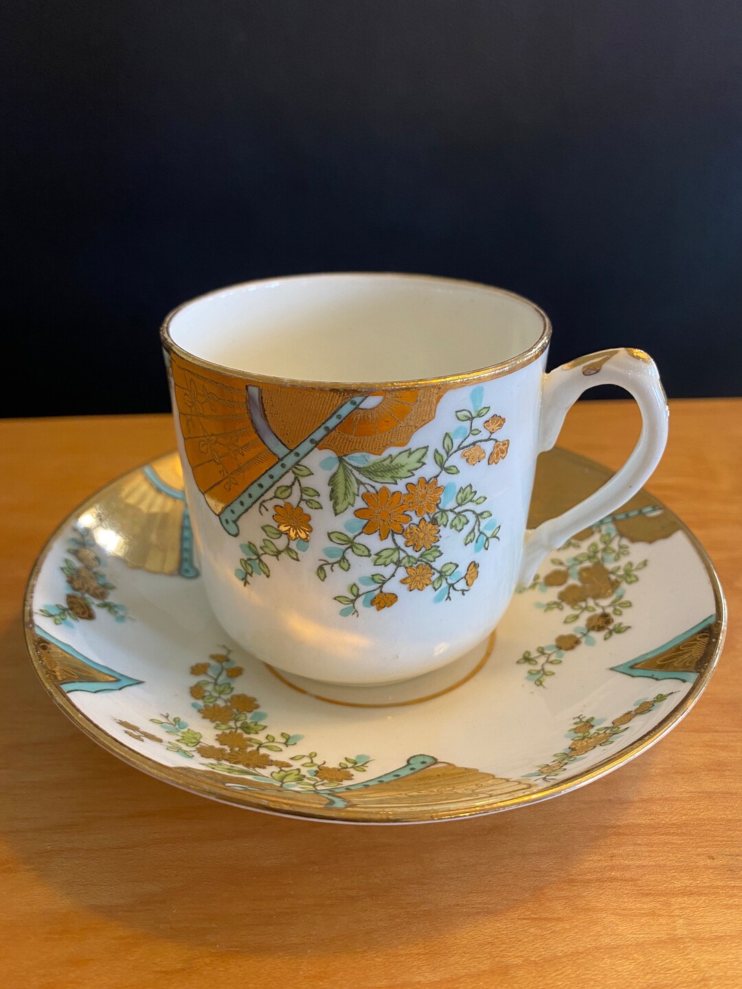 Antique Porcelain Gold Gilt Fan and Floral Teacup and Saucer Numbered ...