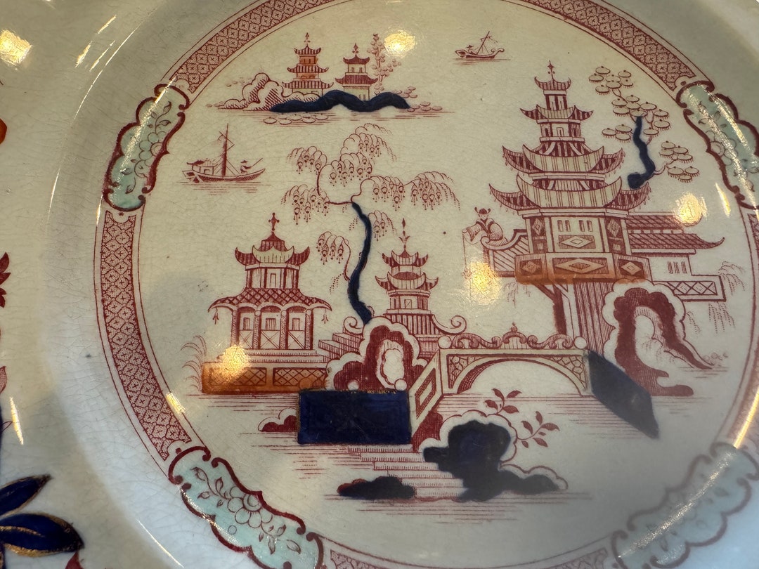 B & L England TONQUIN Dinner Plates Pagodas Pattern Polychrome Antique ...