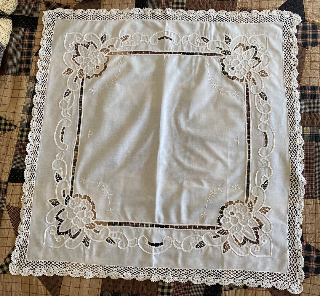 Battenburg Embroidered White Linen Lace. Small Tablecloth - Etsy
