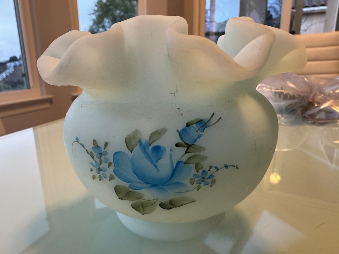 Fenton Satin Custard Glass Hand Painted Blue Rose Ruffled Bowl Vase ...