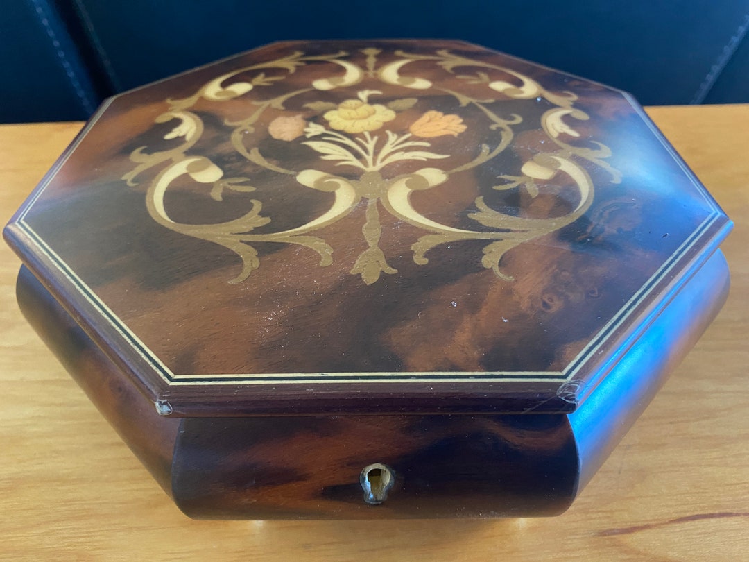 Vintage Music Box Octagon Jewelry Box With Floral Inlay ITALY Plays ...