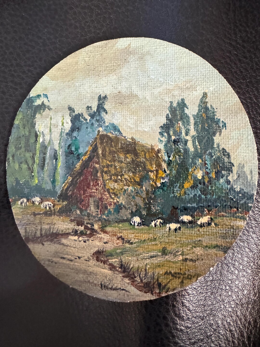 Vintage Miniature 4" Round Oil Cabin Painting on Signboard by Late ...