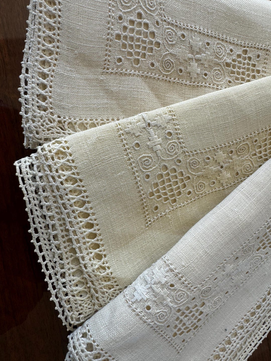 Trio of LINEN Outstanding Antique Napkins Handmade, Hand Embroidered ...