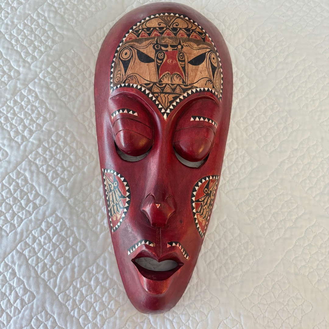 Hand Carved MOP African Tribal Mask, Ghana, Birds, Fish Inlay, 19" - Etsy