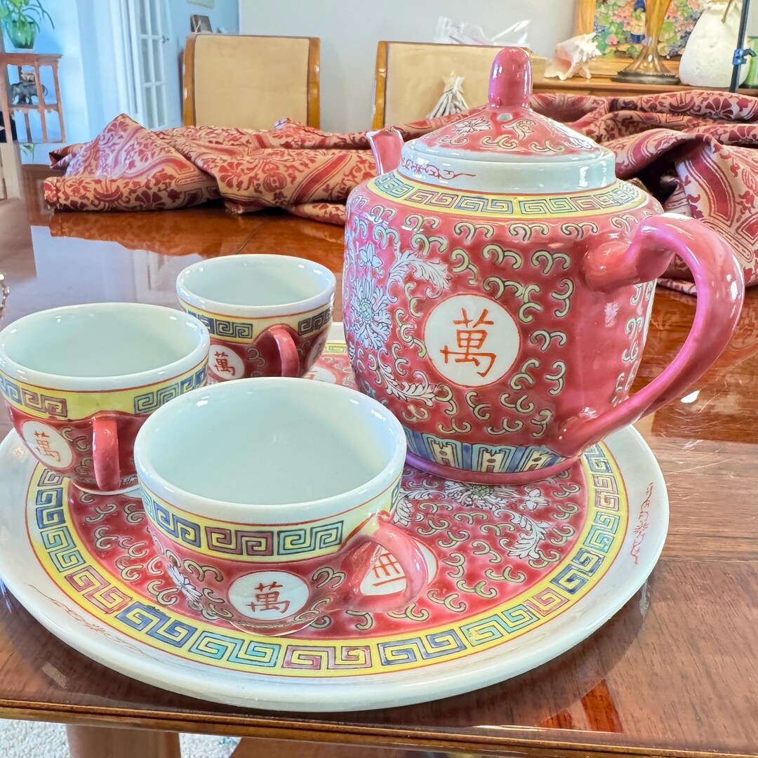 FAMILLE ROSE Mun Shou Longevity Pink Tea Set , Tray, 3 Cups, Teapot ...