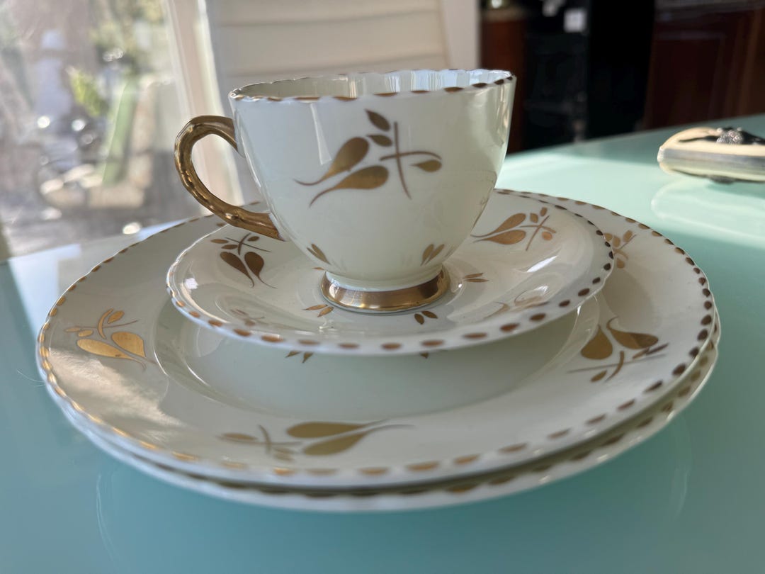 H M Sutherland Bone China, England Cream and Gold Gilt Cup, Saucer ...