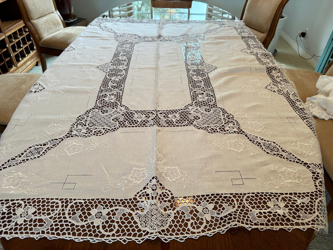 RARE Antique White Linen VENICE Tablecloth Bobbin Lace, White ...