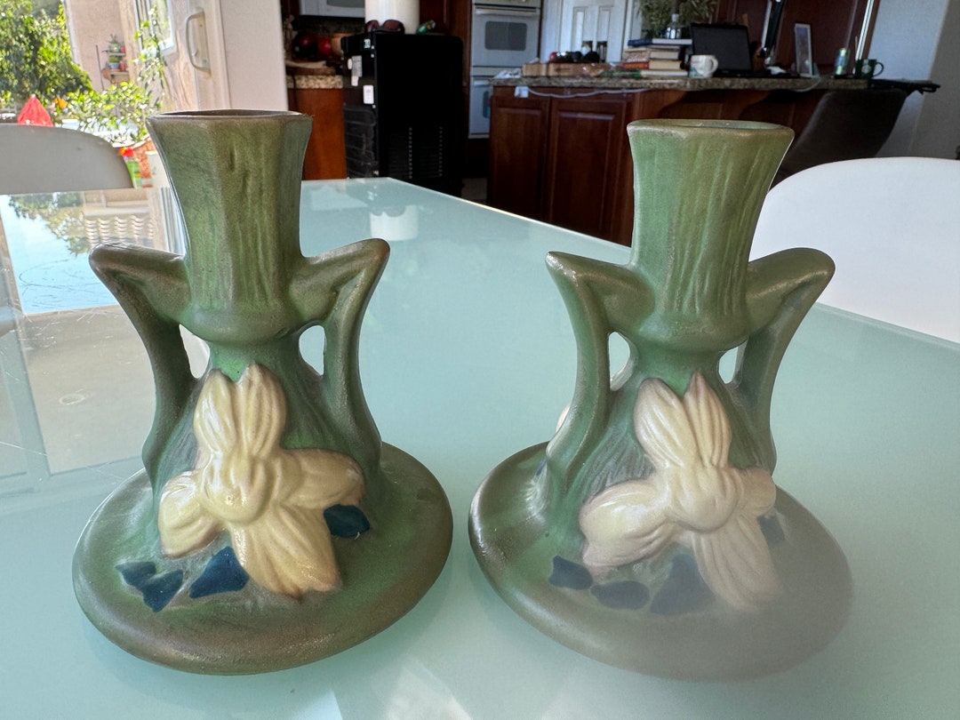 Roseville Pottery Candlestick Holders 1159 Light Yellow Clematis Pair 4 ...