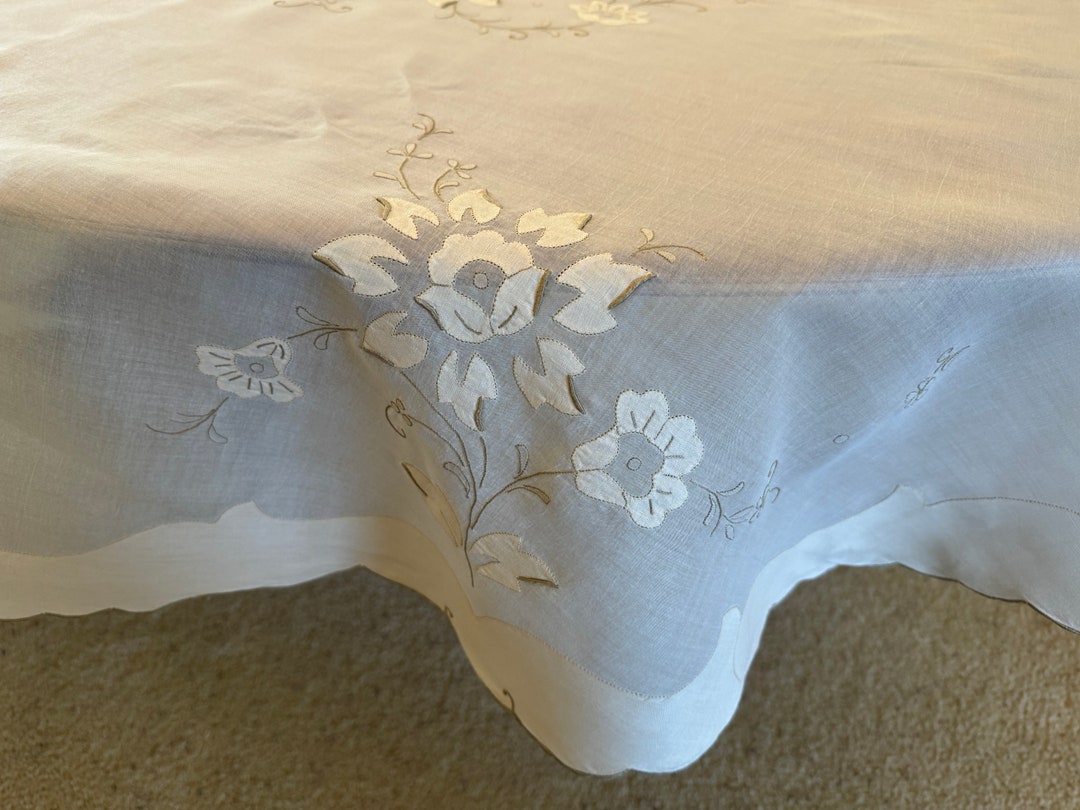 Antique Tablecloth STUNNING C1930 Floral Applique on Sheer Organdy 63 ...