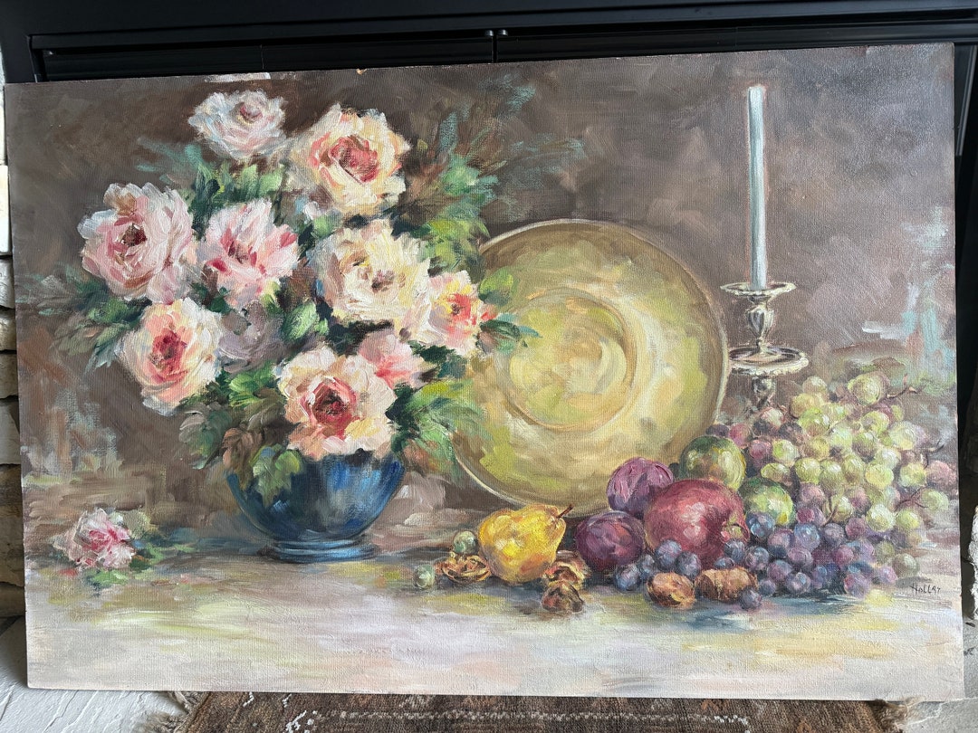 Oil Painting "a STILL Life" Gorgeous 24" X 36" Artist Signed C1950 Pink ...
