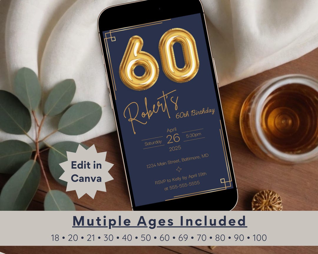 Gold Navy Birthday Invitation, Editable 60th Birthday Invite, Adult ...