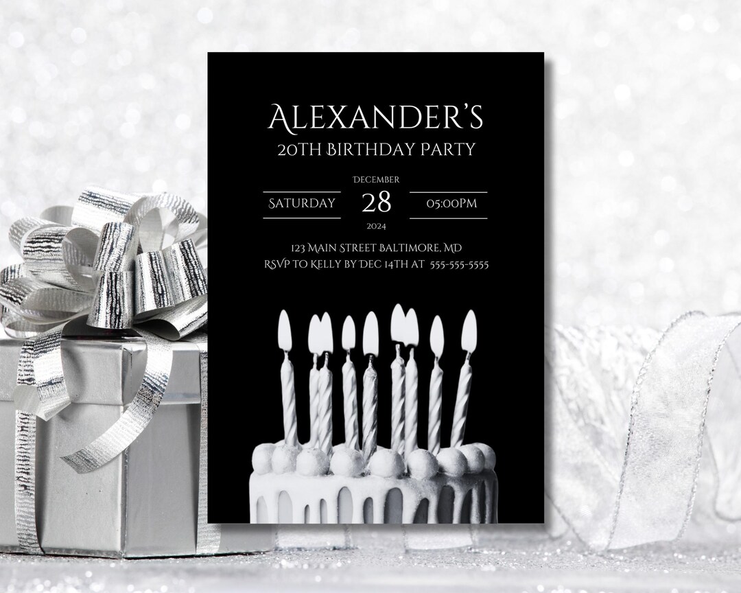 Editable Black & White Birthday Cake Invitation Template- Canva Noir ...