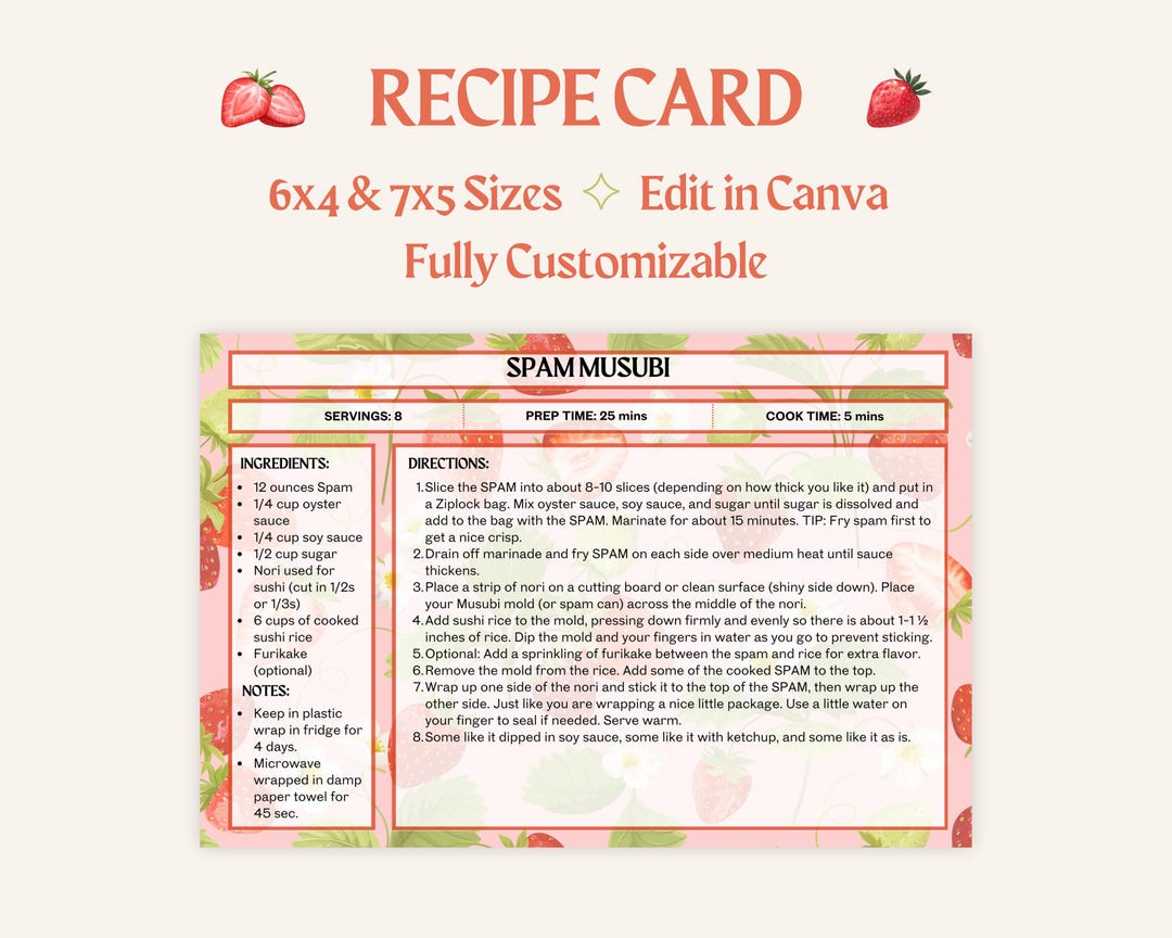 Strawberry Recipe Card Template, Editable and Printable, 6x4" and 7x5 ...