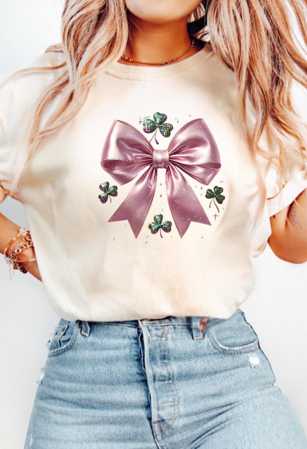 Disco Pink Bow With Shamrock PNG | St. Patrick’s Day Sublimation Design ...