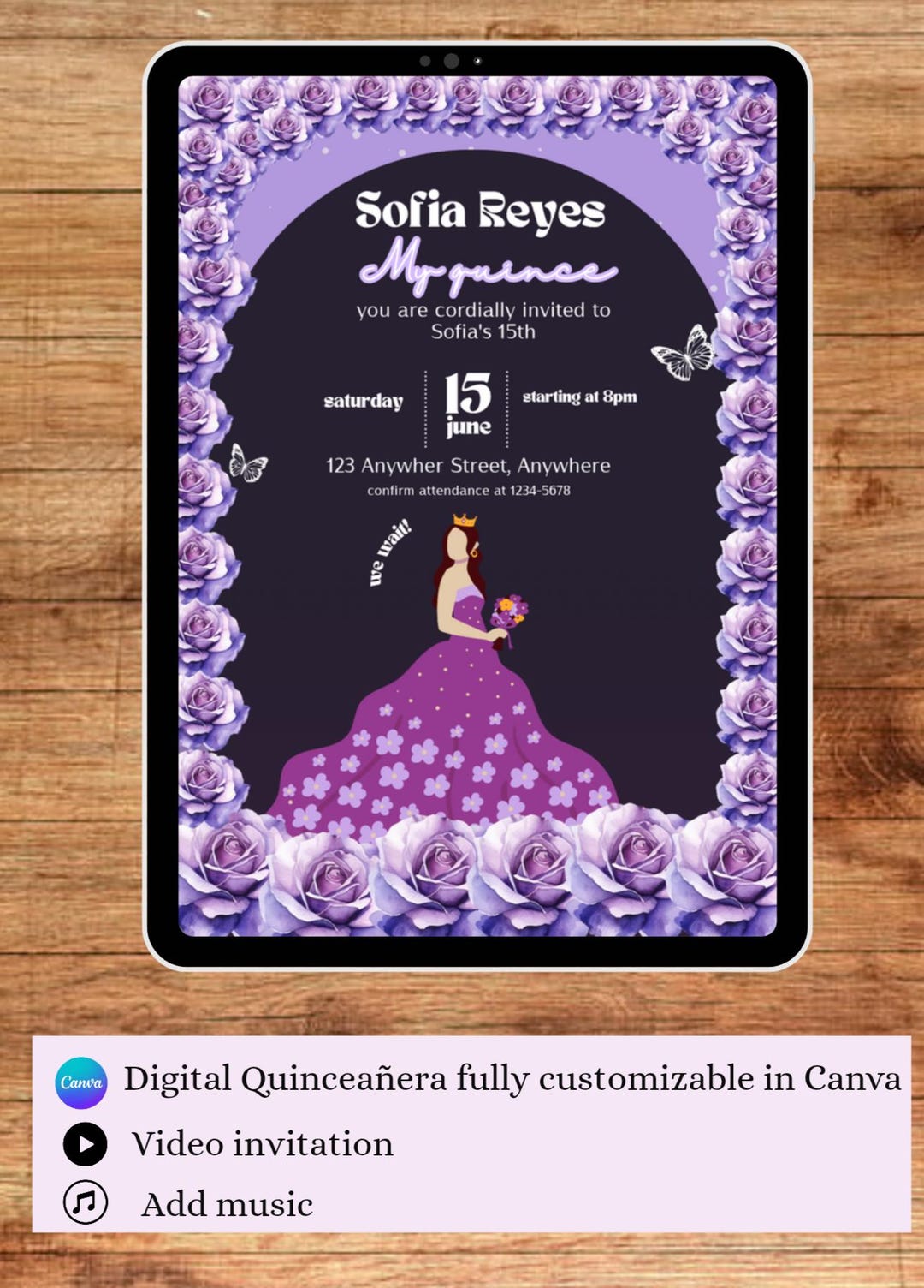 Custom Quince Invite- Canva Quinceanera, Purple Quince Invitation ...