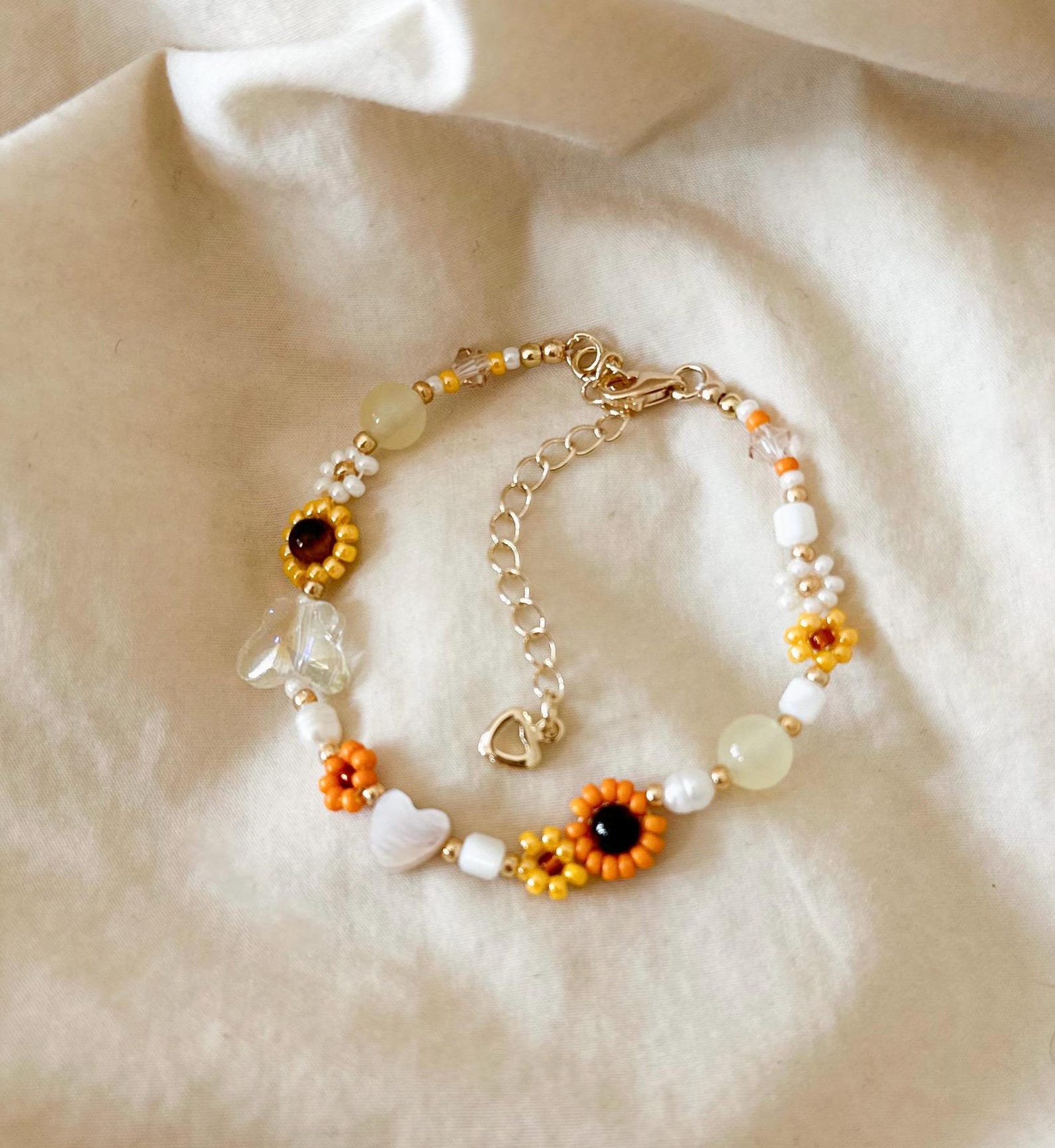 Handmade Sunflower Beaded Bracelet: Freshwater Pearl & Gold Filled - Etsy