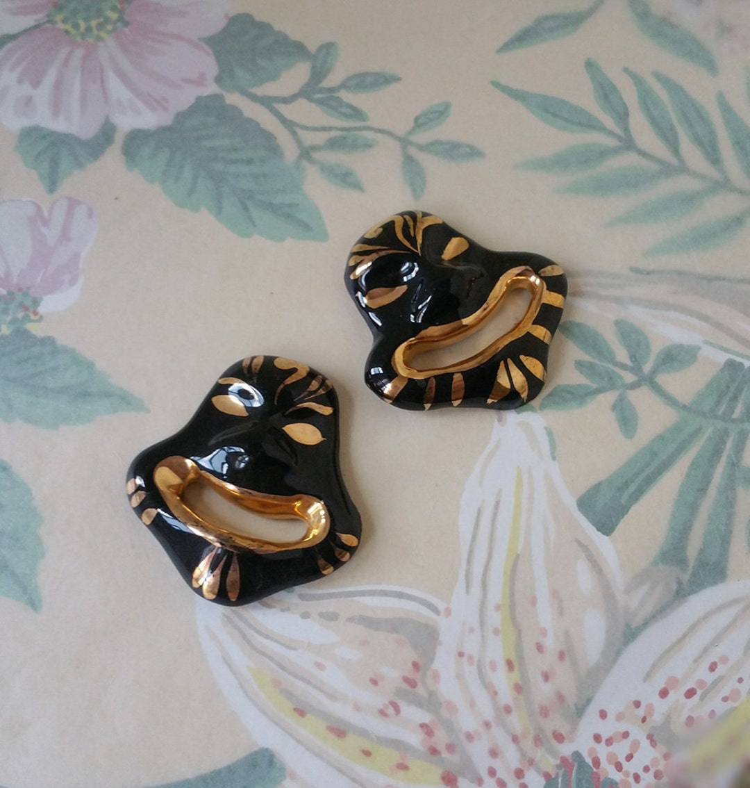 One Pair of Adorably Grotesque Ceramic Clay Black and Gold Vintage ...