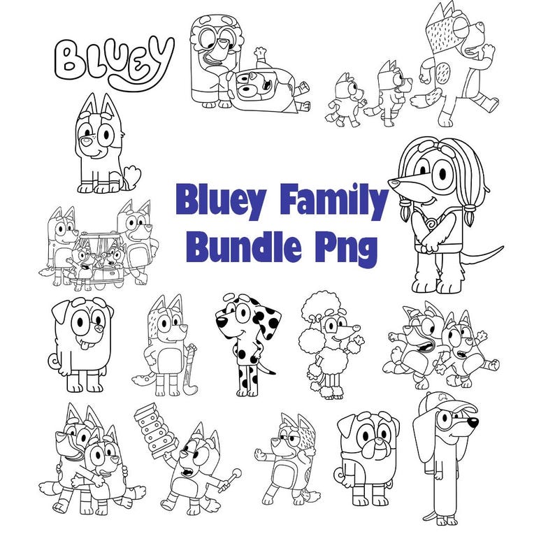 Bluey PNG Outline Bundle | Digital Bluey Character Line Art | Printable ...