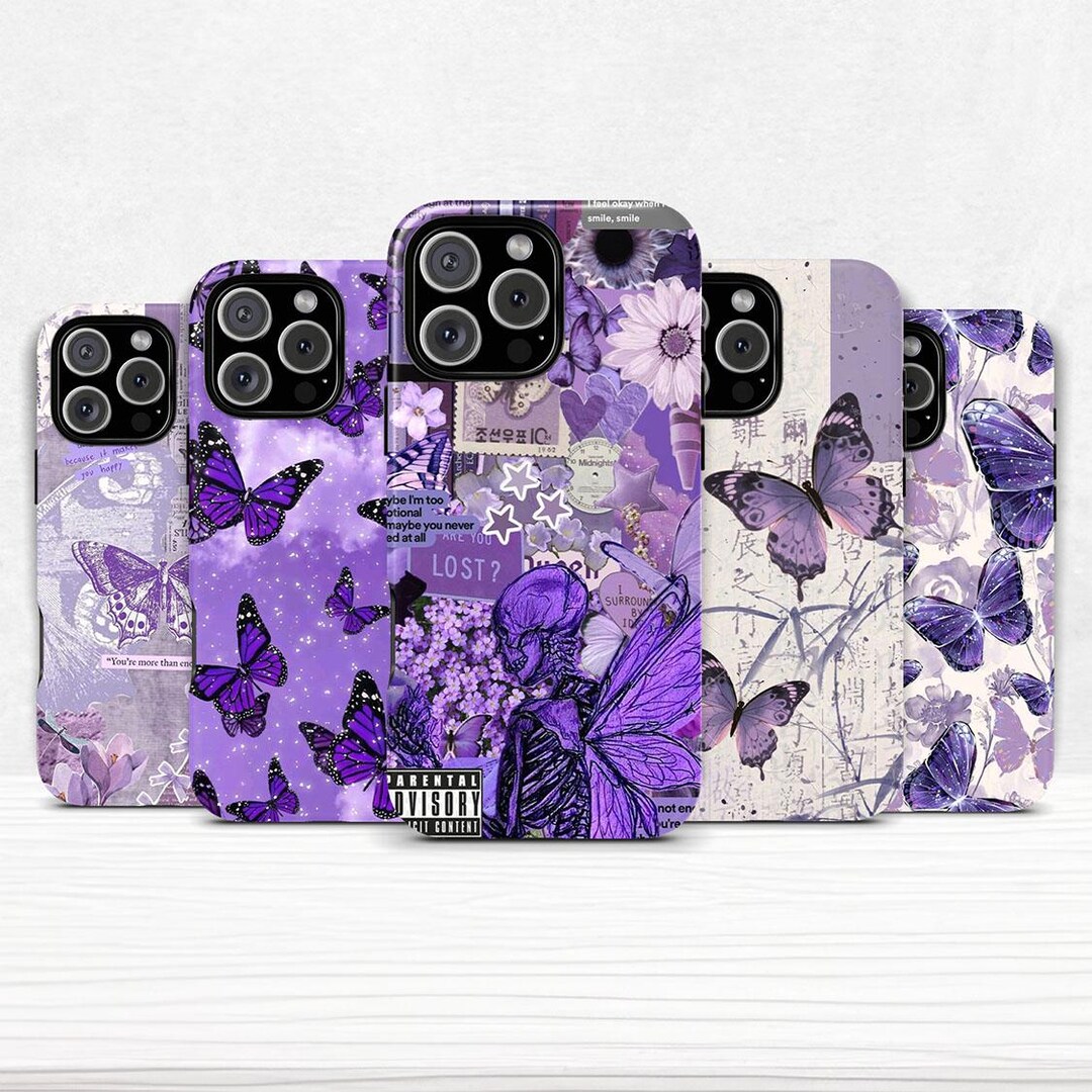 Purple Butterfly Dual Shell Phone Case for iPhone 11 12 13 14 15 16 Pro ...