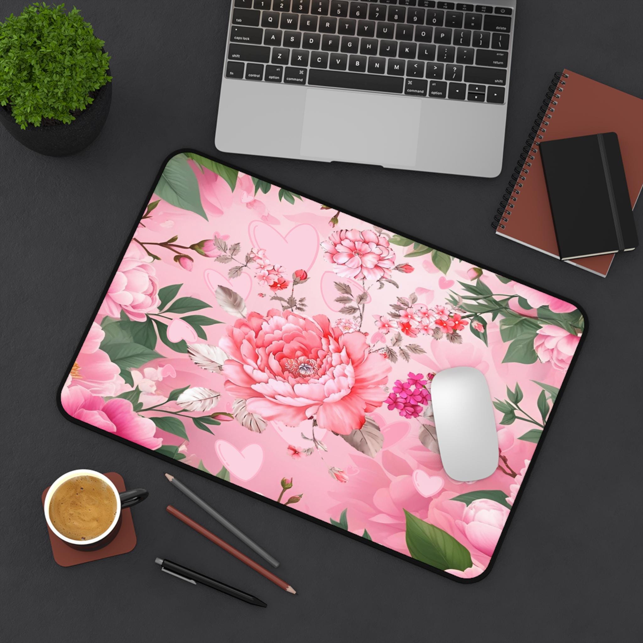 Pink Floral Desk Mat, Flower Desk Décor Mat, Botanical Mousepad, Floral ...