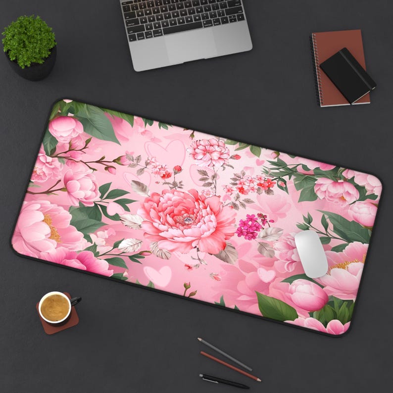 Pink Floral Desk Mat, Flower Desk Décor Mat, Botanical Mousepad, Floral ...