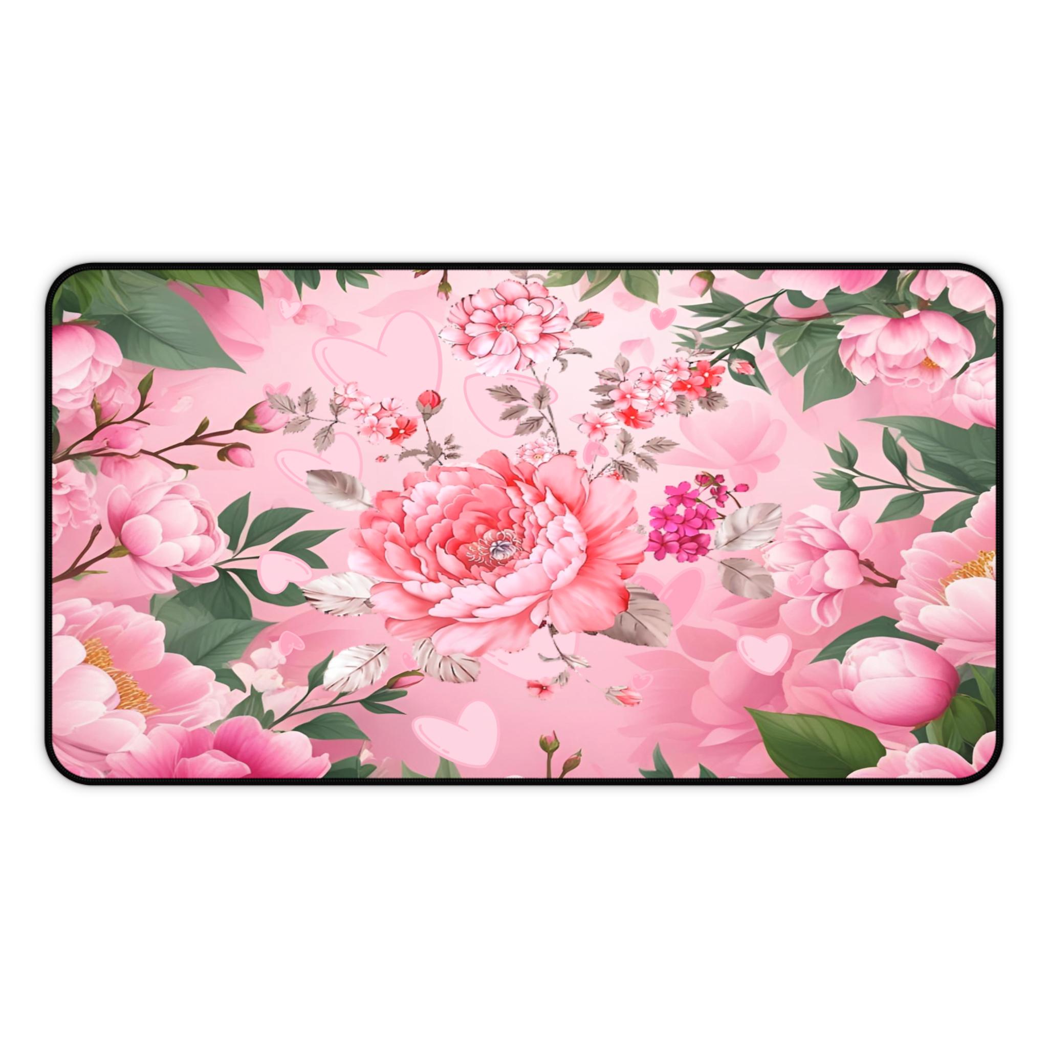 Pink Floral Desk Mat, Flower Desk Décor Mat, Botanical Mousepad, Floral ...