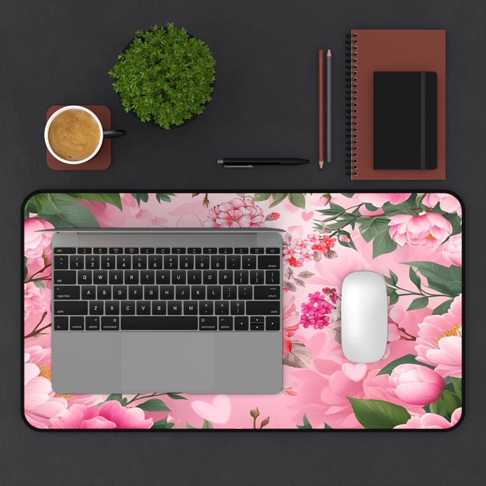 Pink Floral Desk Mat, Flower Desk Décor Mat, Botanical Mousepad, Floral ...