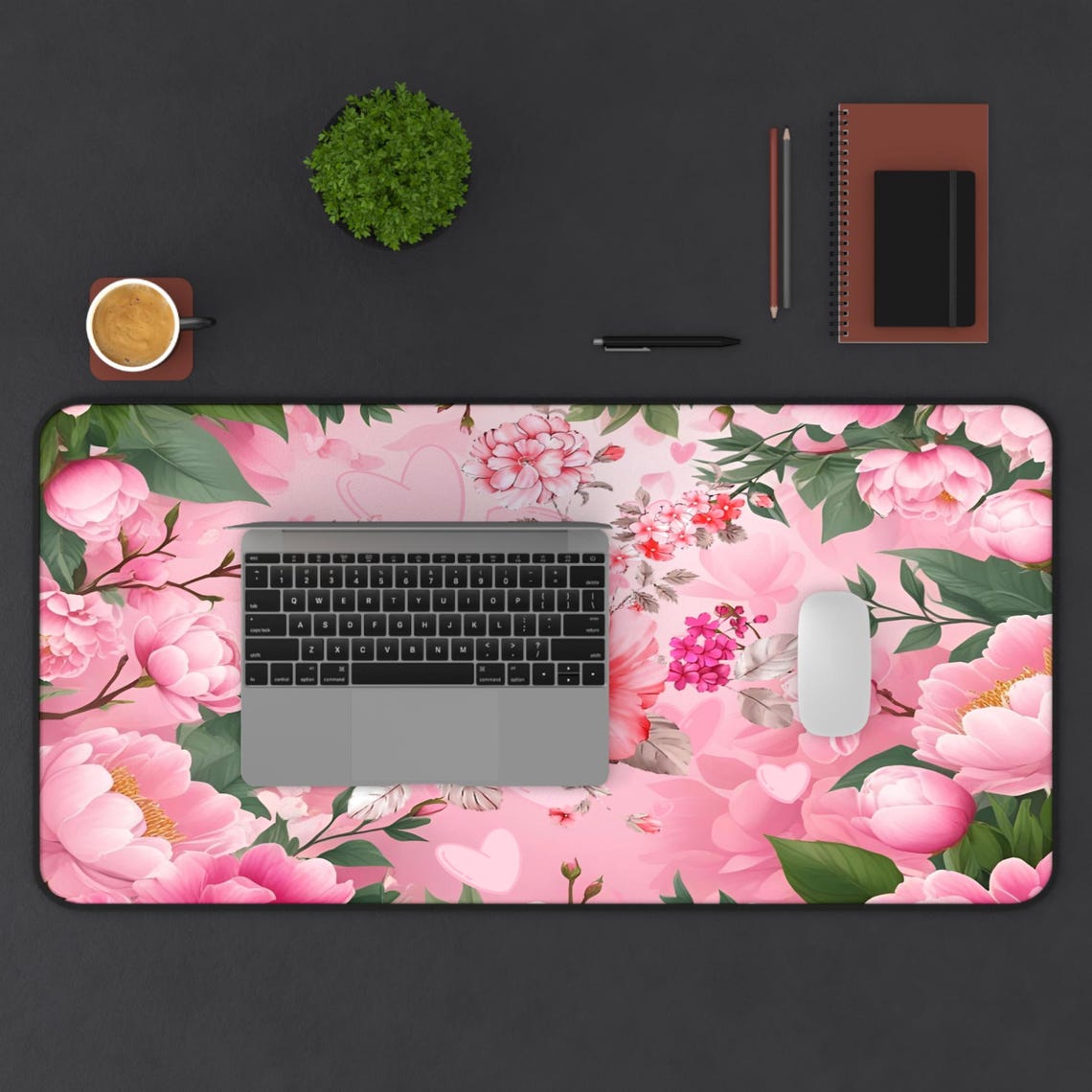 Pink Floral Desk Mat, Flower Desk Décor Mat, Botanical Mousepad, Floral ...