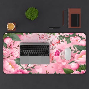 Pink Floral Desk Mat, Flower Desk Décor Mat, Botanical Mousepad, Floral ...