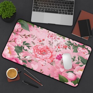 Pink Floral Desk Mat, Flower Desk Décor Mat, Botanical Mousepad, Floral ...