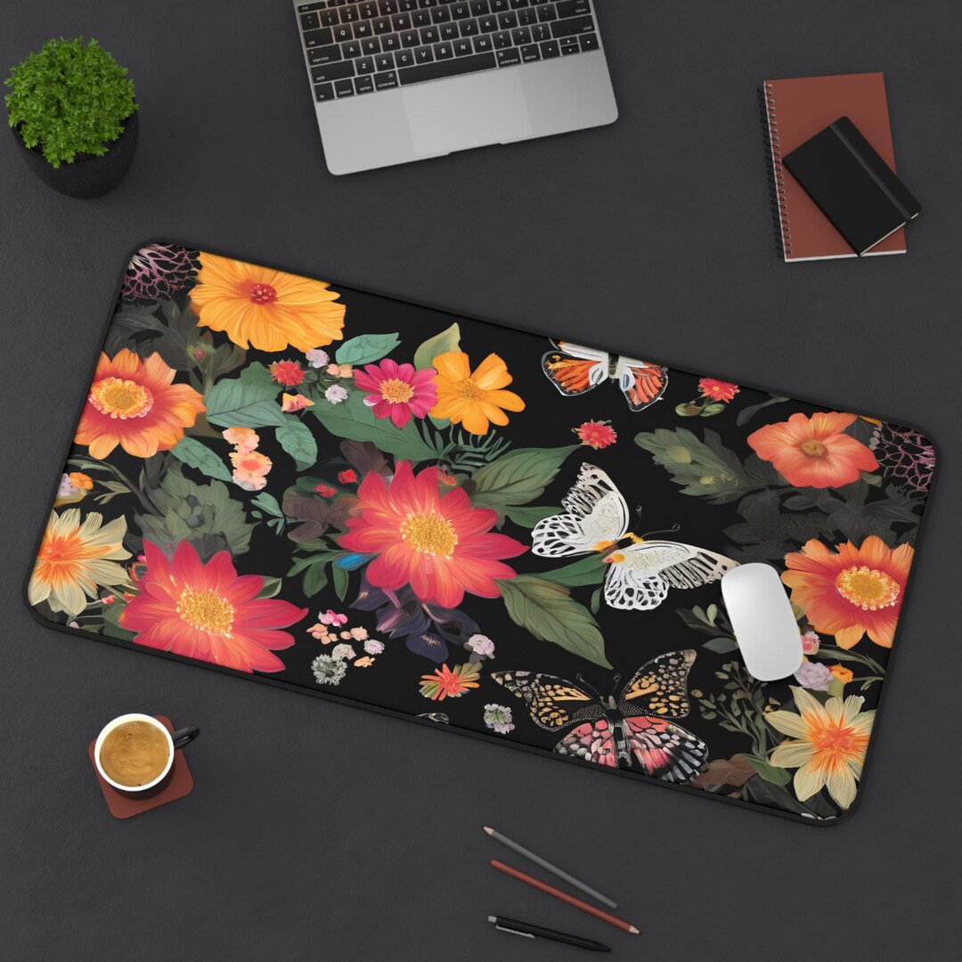 Colorful Floral Butterfly Desk Mat, Spring Floral Unique Design, Cozy ...