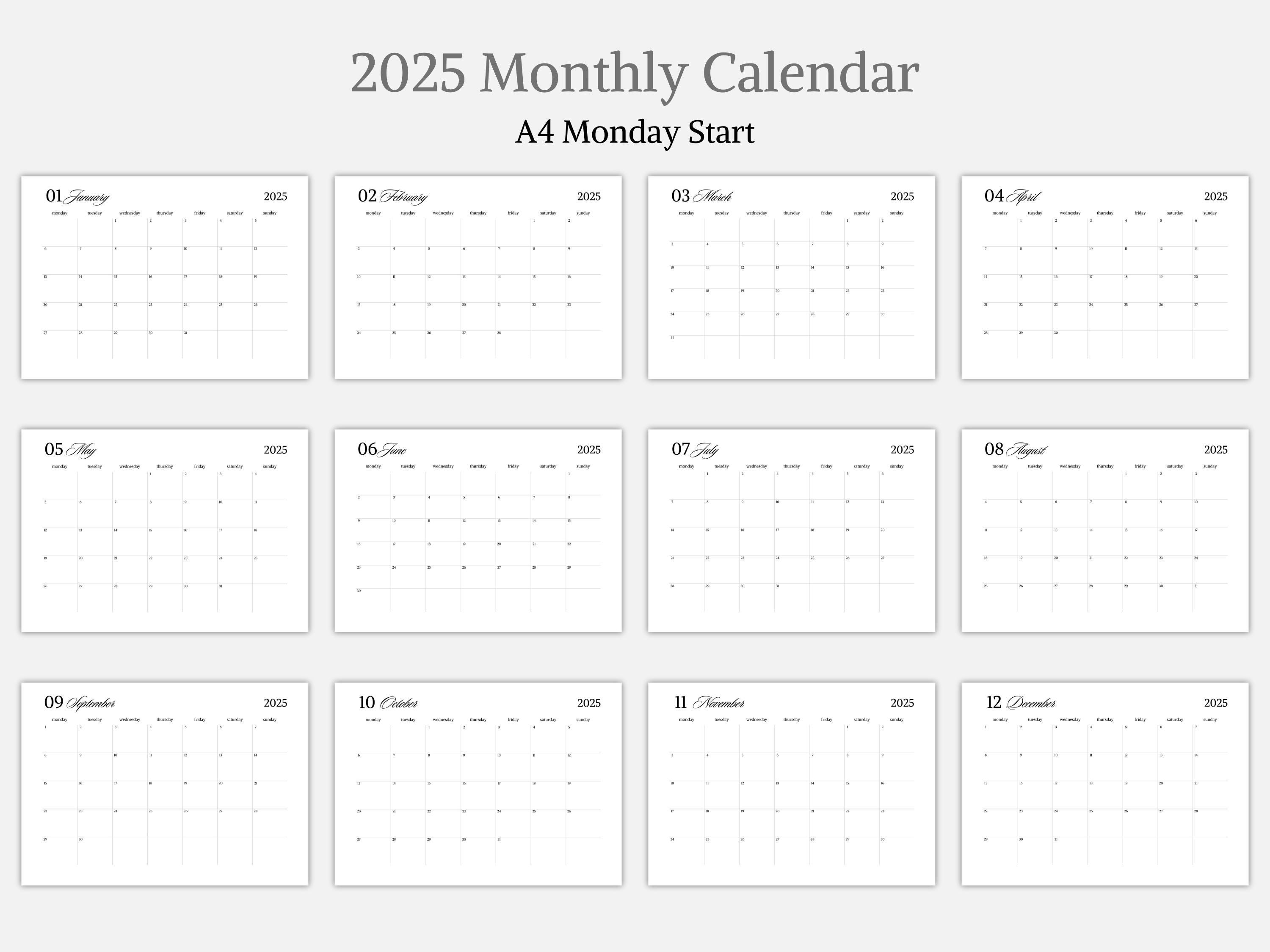 2025 A4 Calendar Bundle | Yearly and Monthly Printable Calendars ...