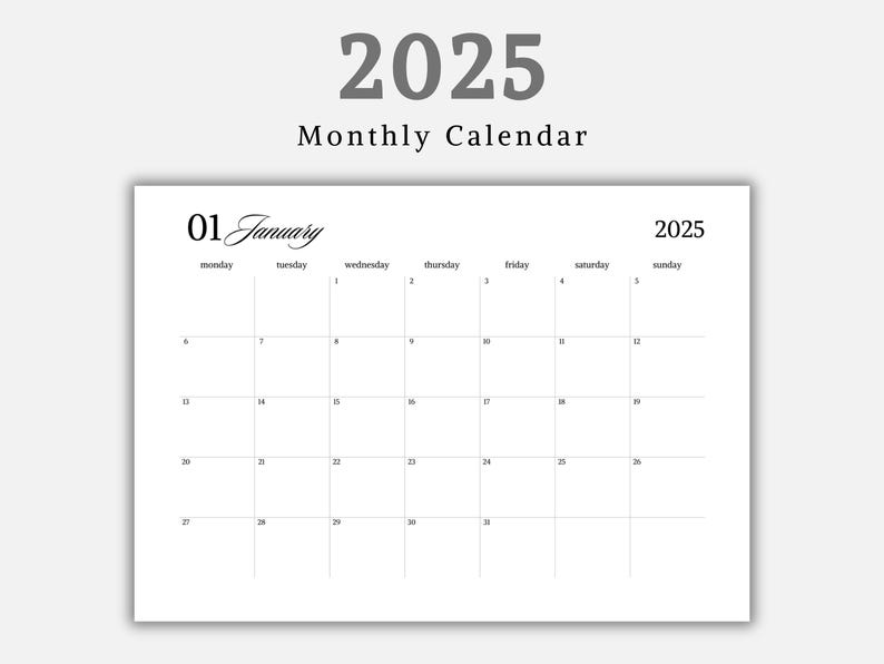 2025 Monthly Calendar Printable | Minimal Design | A3, A4, Letter Sizes ...