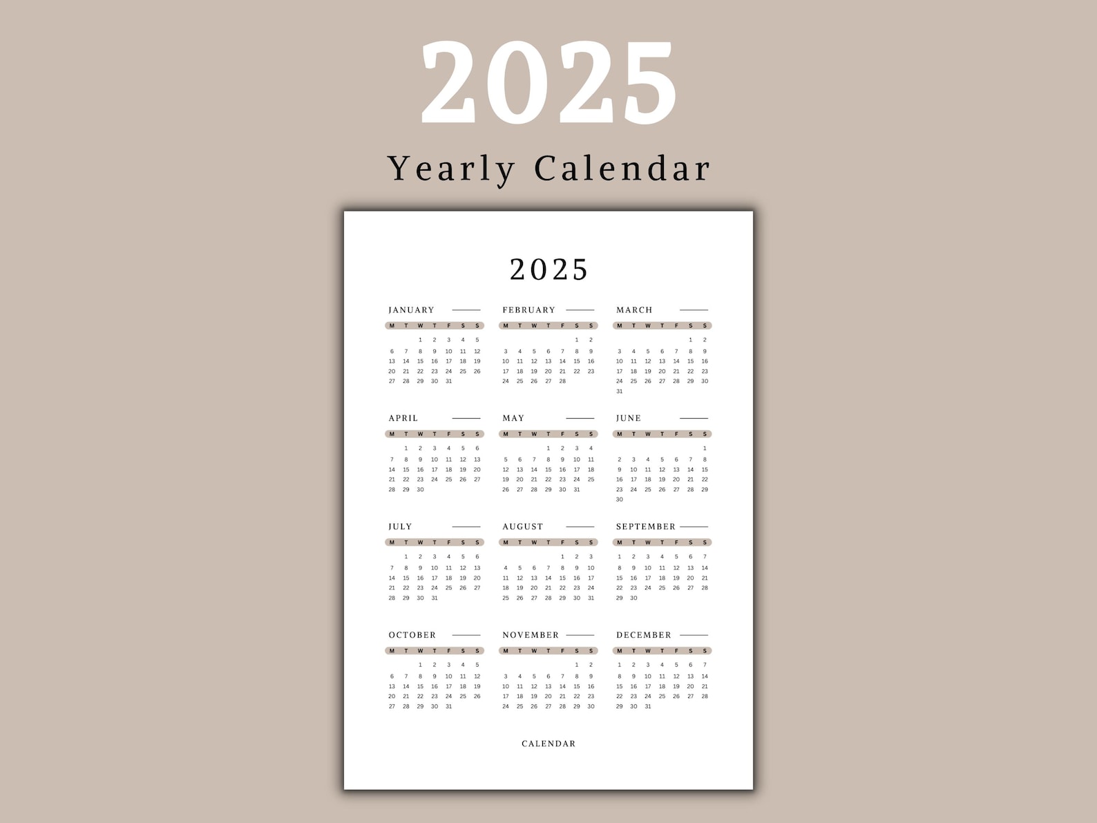2025 Yearly Calendar Printable | 2025 Annual Calendar | Minimalist ...