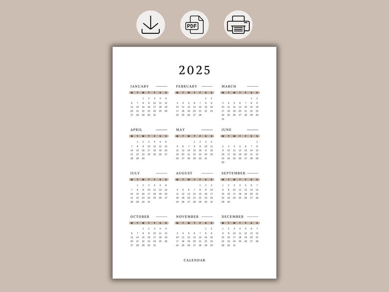 2025 Yearly Calendar Printable | 2025 Annual Calendar | Minimalist ...