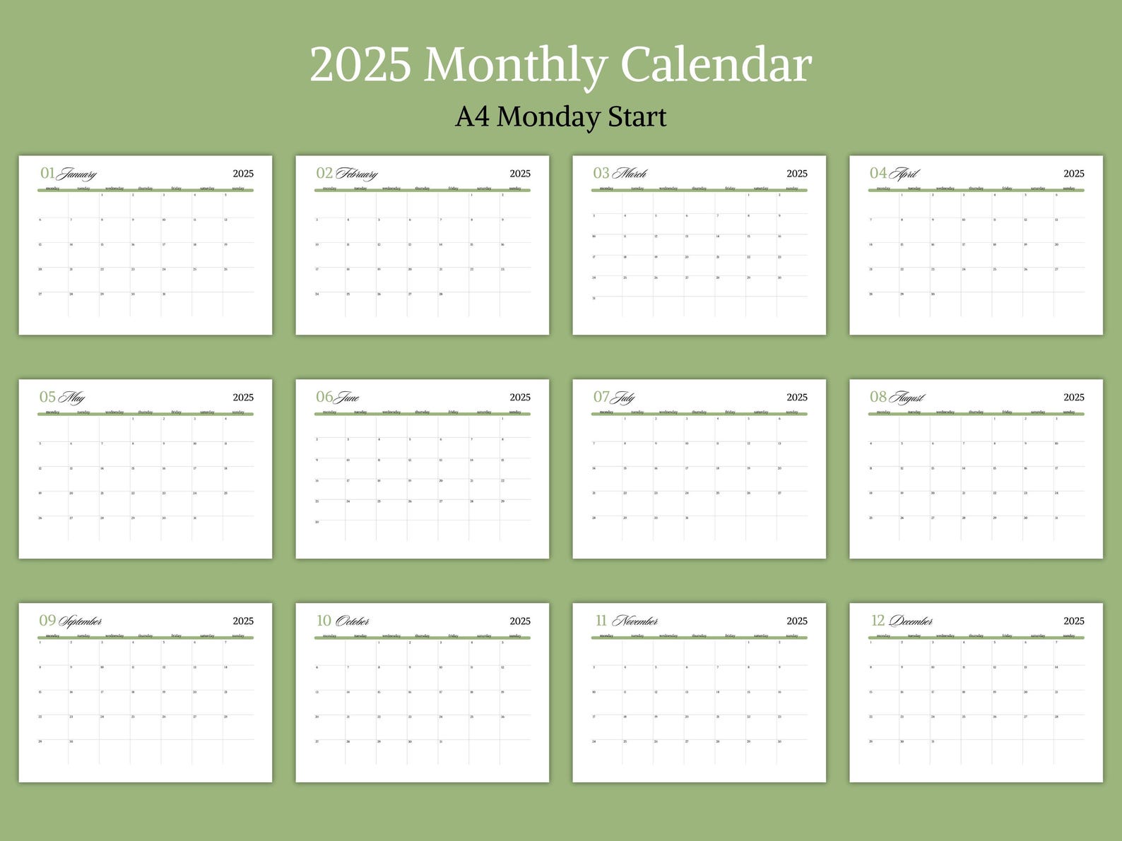 2025 A4 Calendar Bundle | Yearly and Monthly Printable Calendars ...