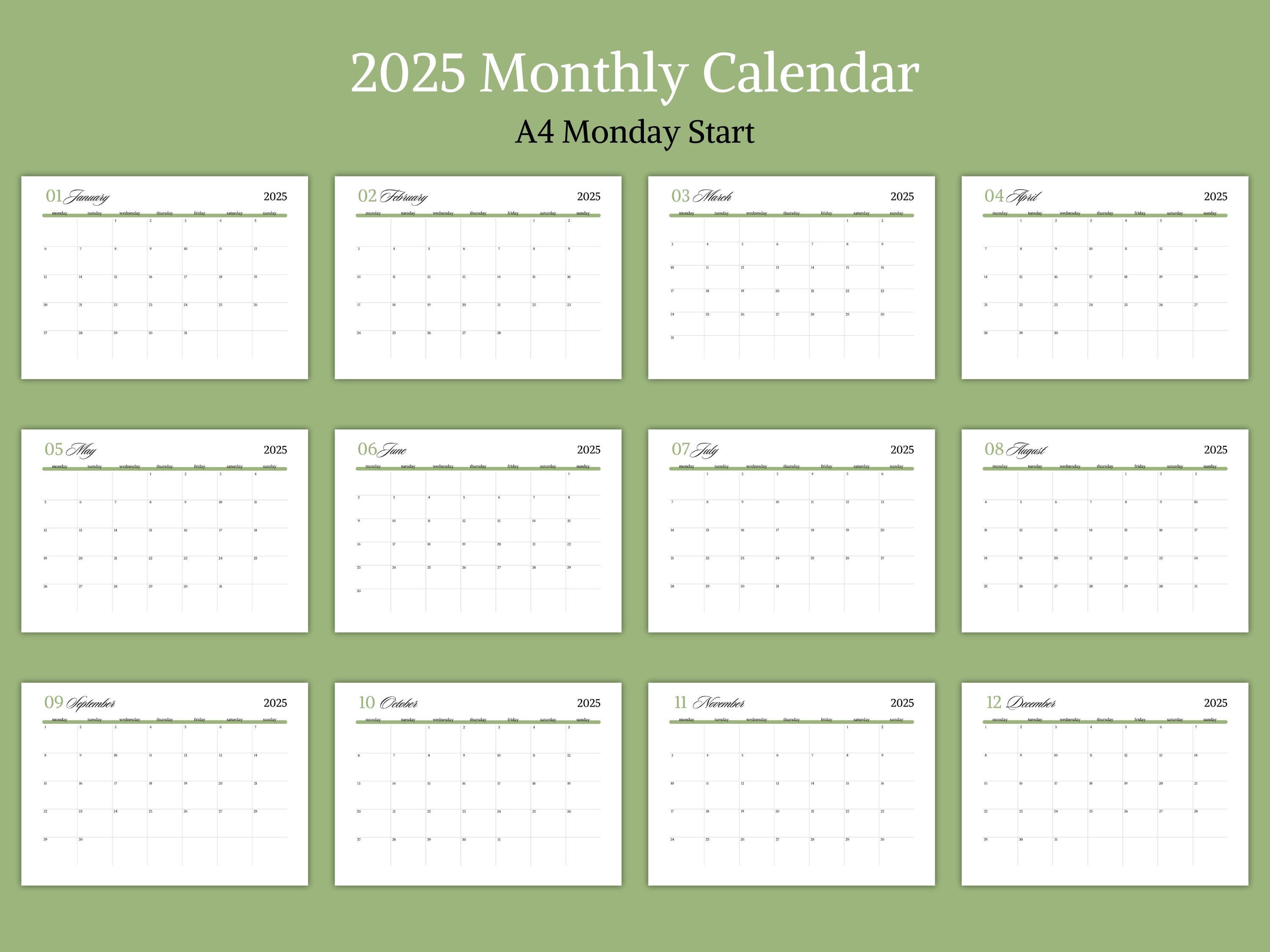 2025 A4 Calendar Bundle | Yearly and Monthly Printable Calendars ...