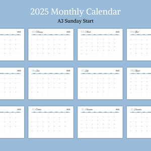 2025 Monthly Calendar Printable | Minimal Design | A3, A4, Letter Sizes ...