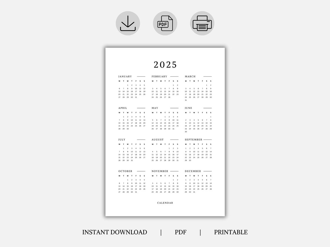 2025 Yearly Calendar Printable | Annual Calendar | Minimal Design | A3 ...