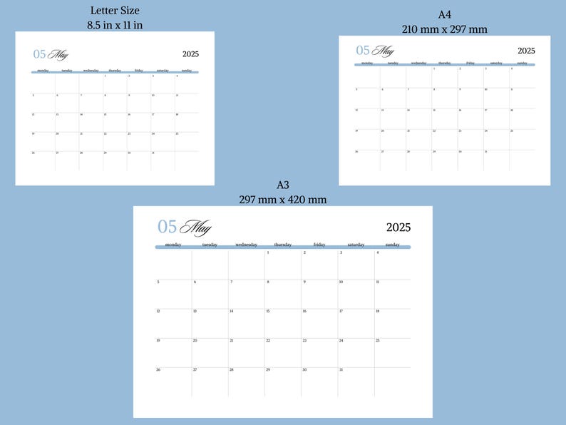 2025 Monthly Calendar Printable | Minimal Design | A3, A4, Letter Sizes ...