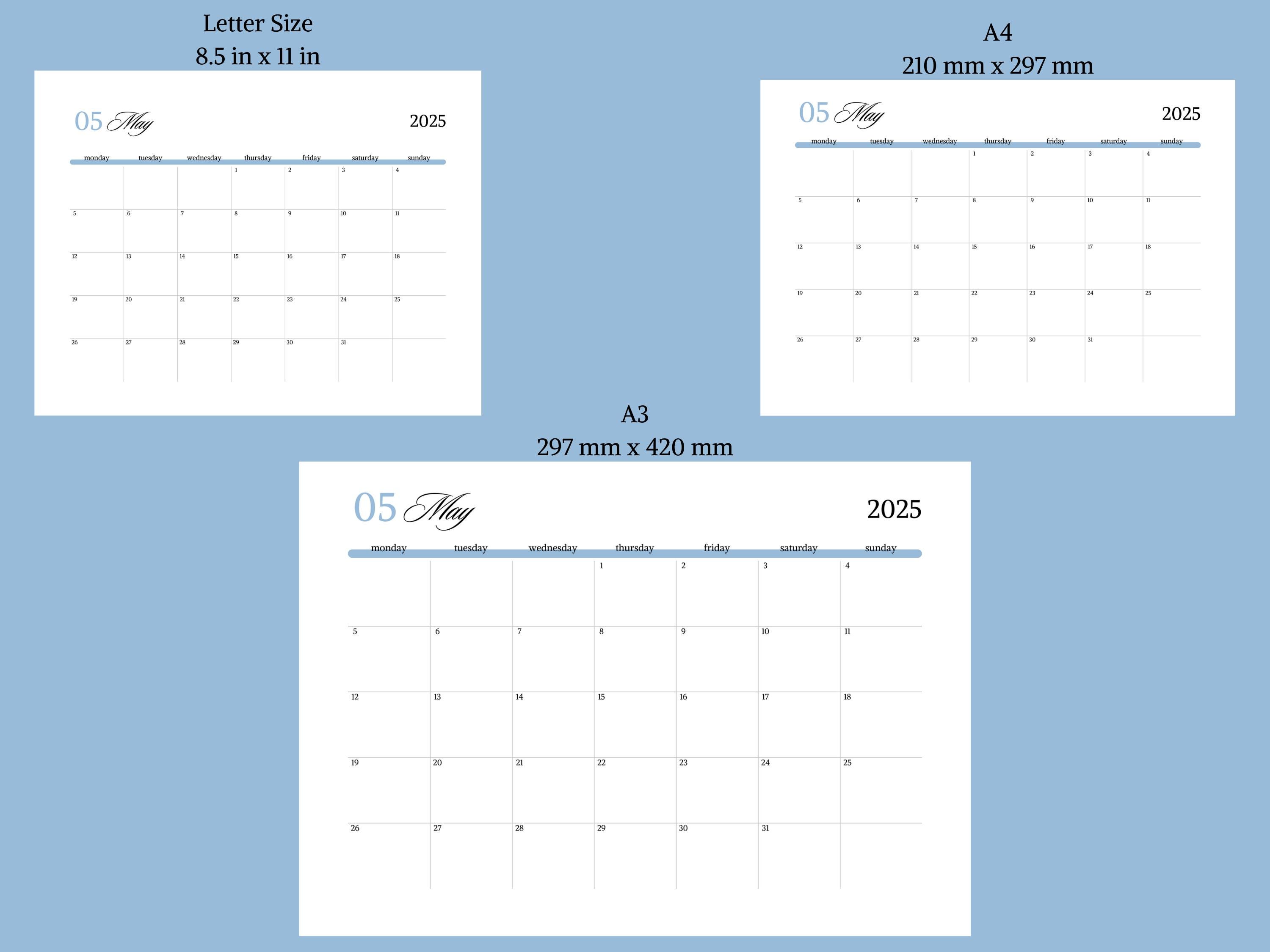 2025 Monthly Calendar Printable | Minimal Design | A3, A4, Letter Sizes ...