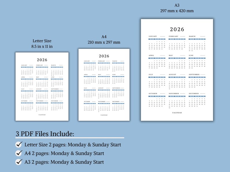2026 Yearly Calendar Printable | Annual Calendar | Minimal Design | A3 ...