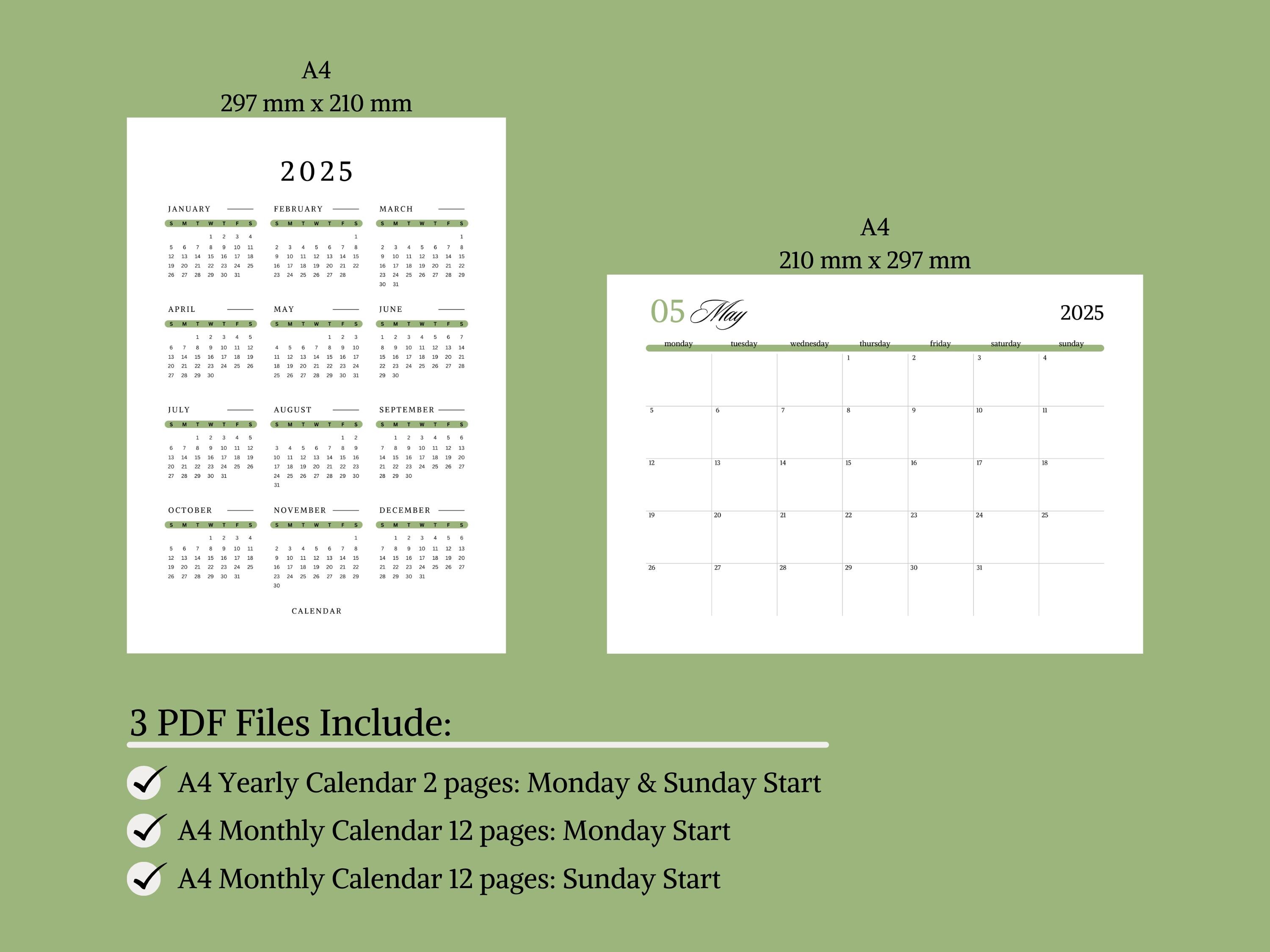 2025 A4 Calendar Bundle | Yearly and Monthly Printable Calendars ...