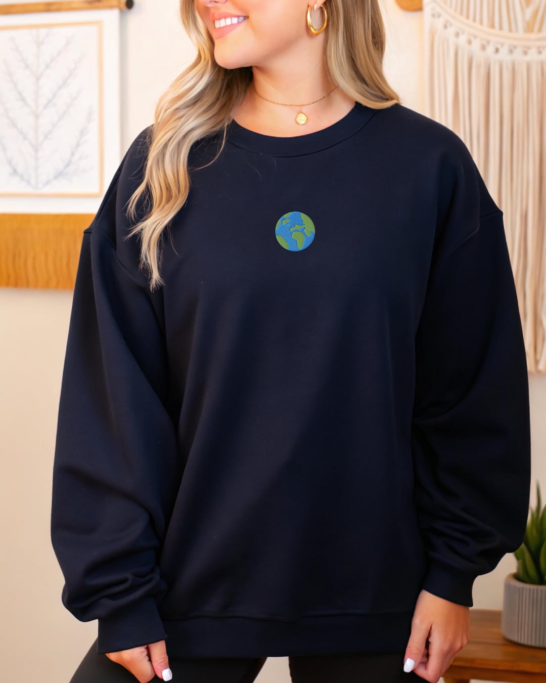 Embroidered Planet Earth Sweater – Cute Earth Design Pullover – Cozy ...