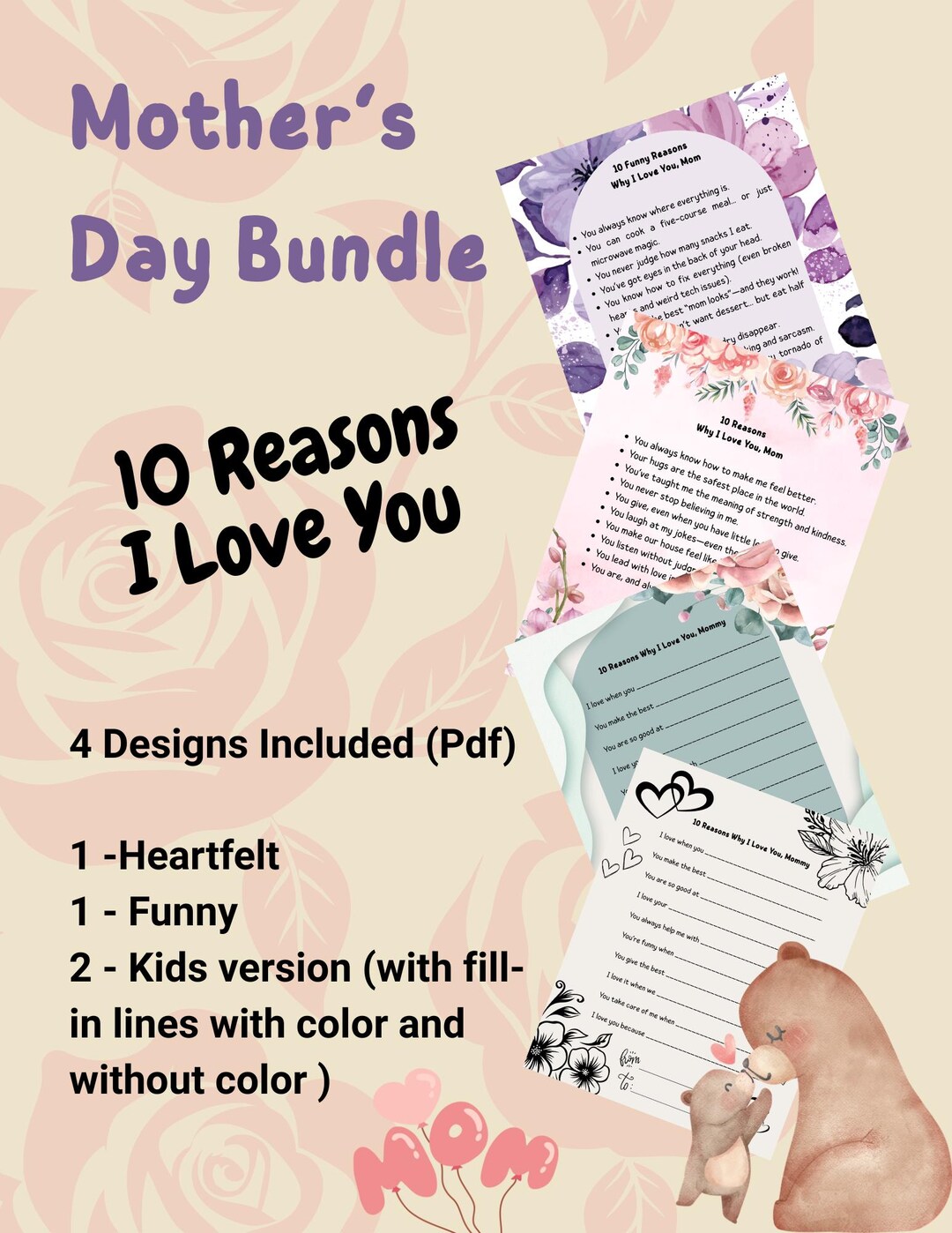 10 Reasons I Love You – Mother’s Day Bundle - Instant Download, Pdfs ...